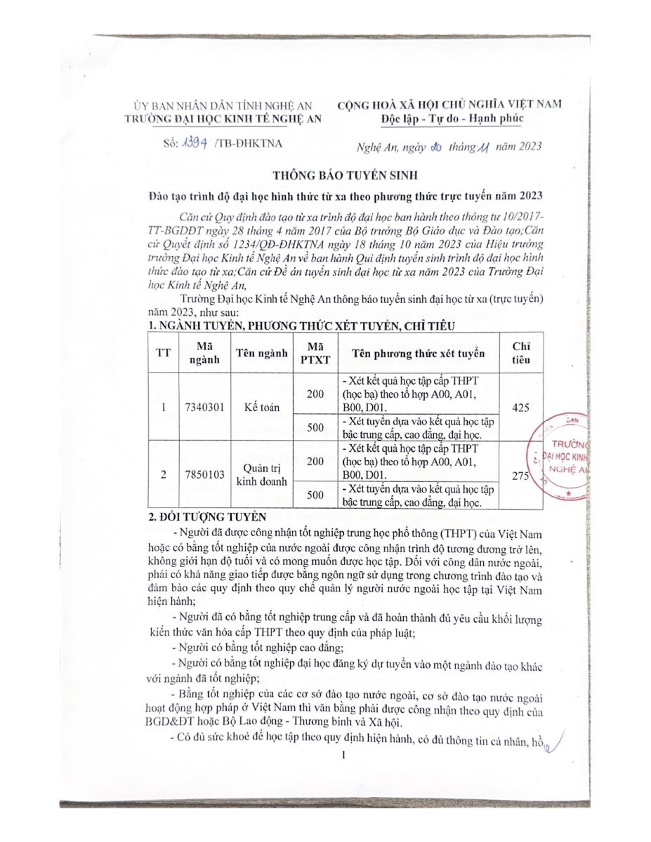 Trường Đại học Kinh tế Nghệ An thông báo tuyển sinh đào tạo trình độ đại học hình thức từ xa ...